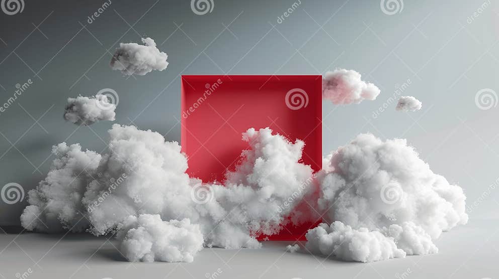3D Render of Red Rectangle Mockup with White Clouds Floating in ...