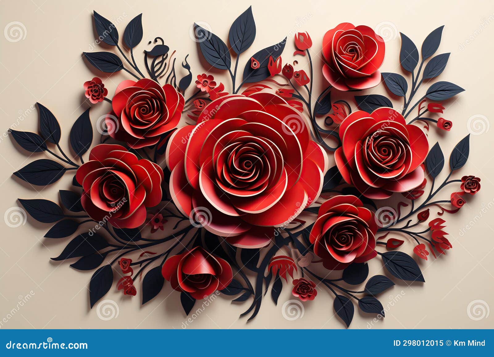 3d Render of Red Roses with Black Leaves on a Beige Background ...