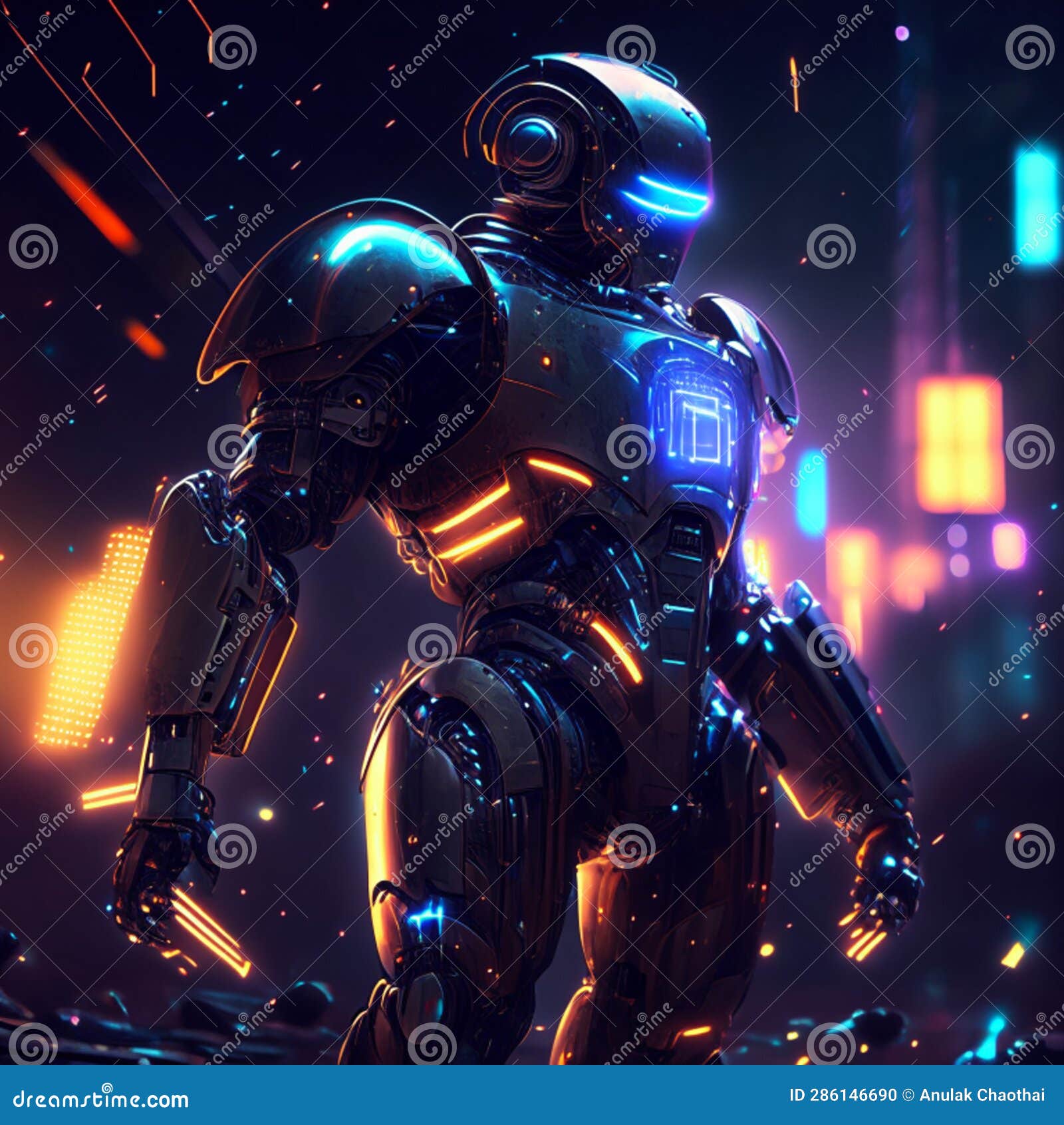 3d Render of a Robot in a Dark Room with Neon Lights. AI Generated ...