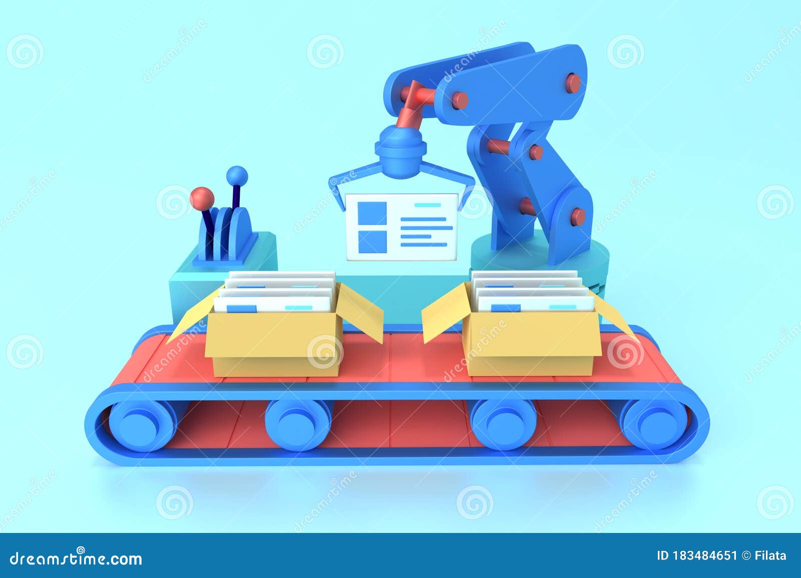 3d Render Robot Pack Boxes at Conveyor Work. Stock Illustration ...