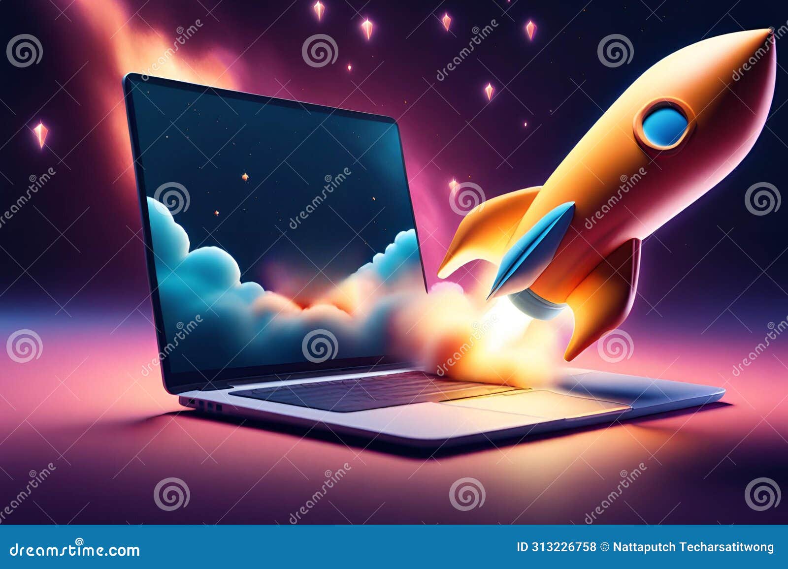 3d Render Rocket Launch on Computer Laptop. New Business Start-up Ideas ...