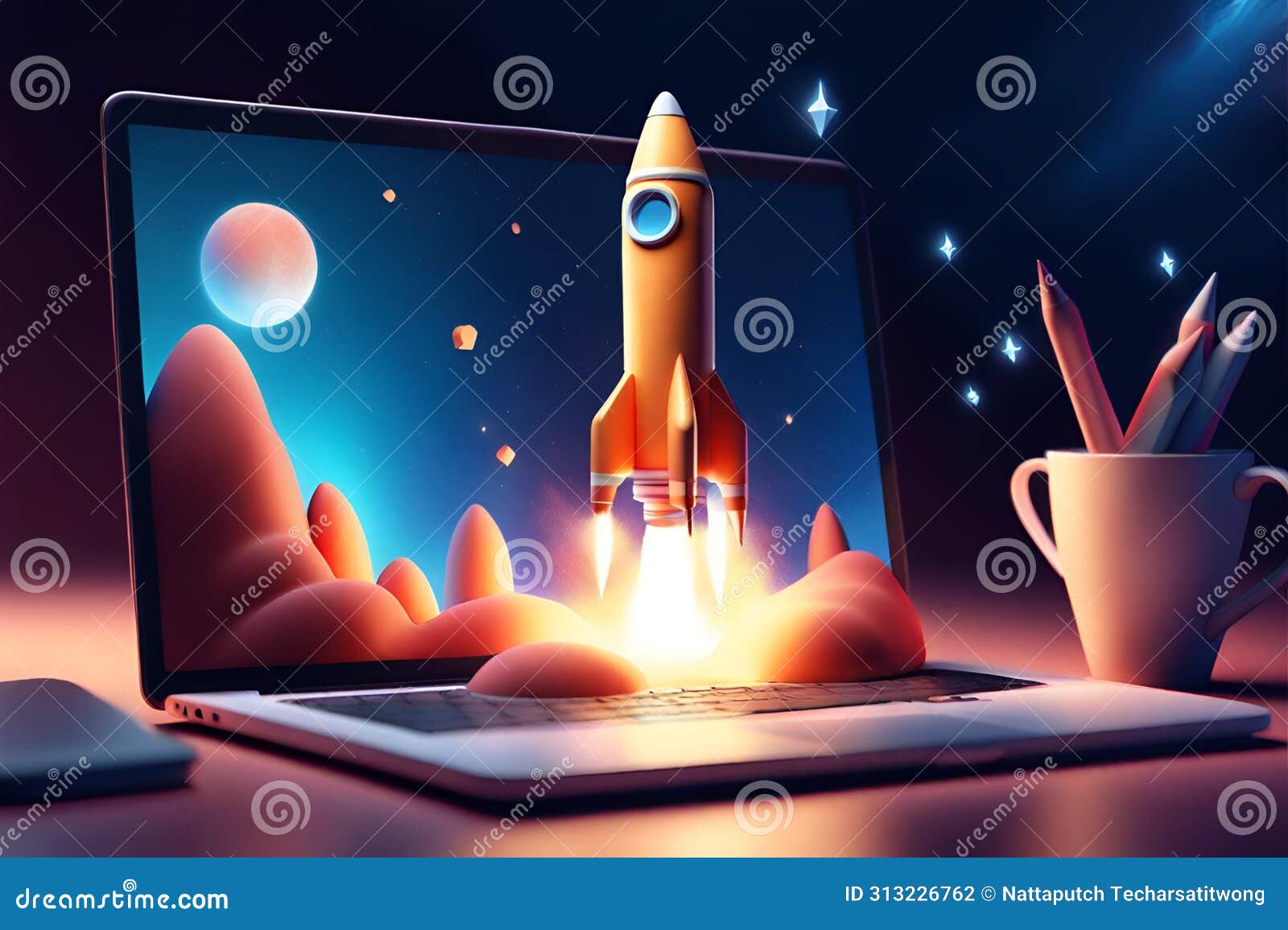 3d Render Rocket Launch on Computer Laptop. New Business Start-up Ideas ...