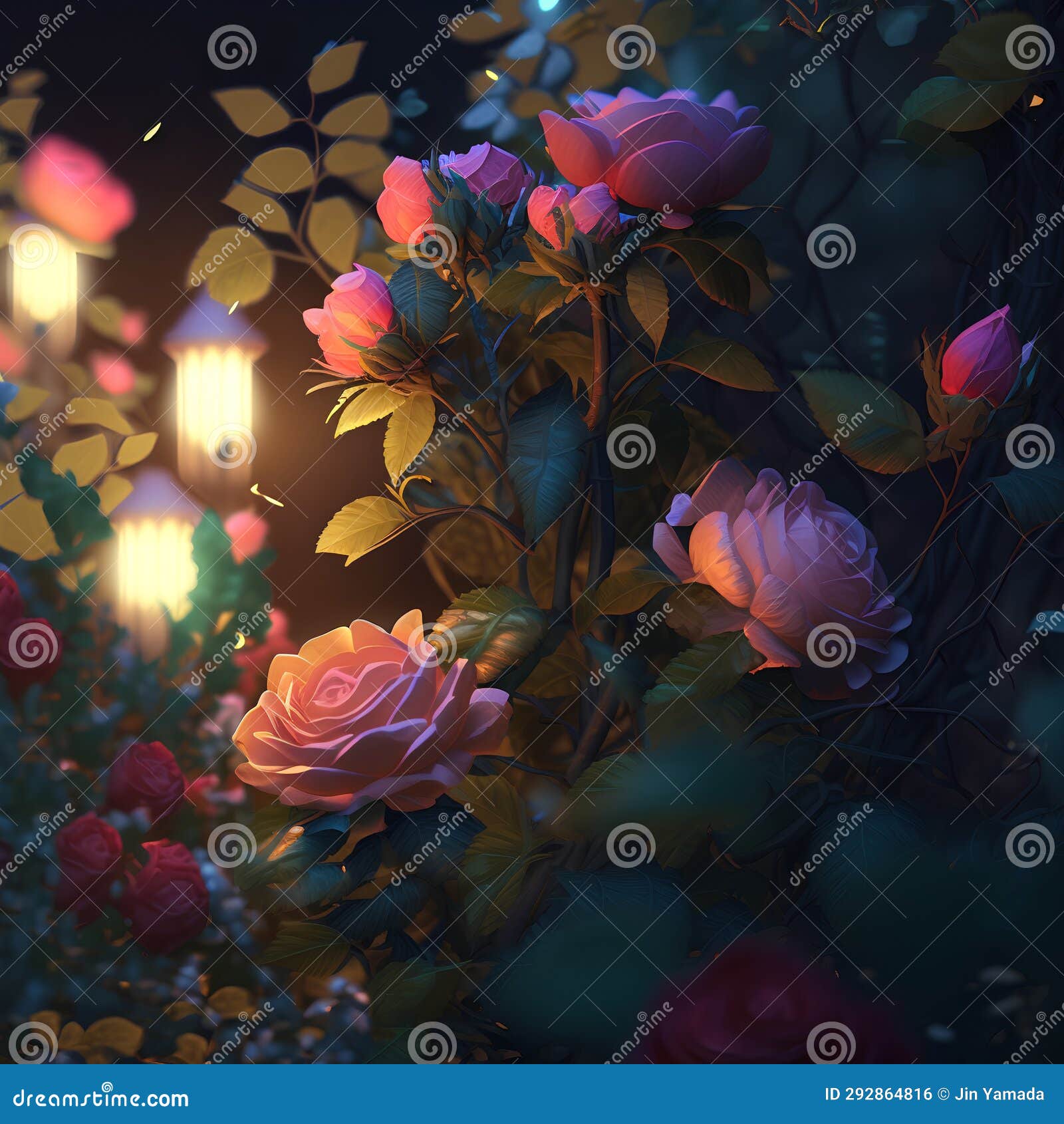3D Render of a Rose Bush in the Garden at Night with Lanterns Stock ...