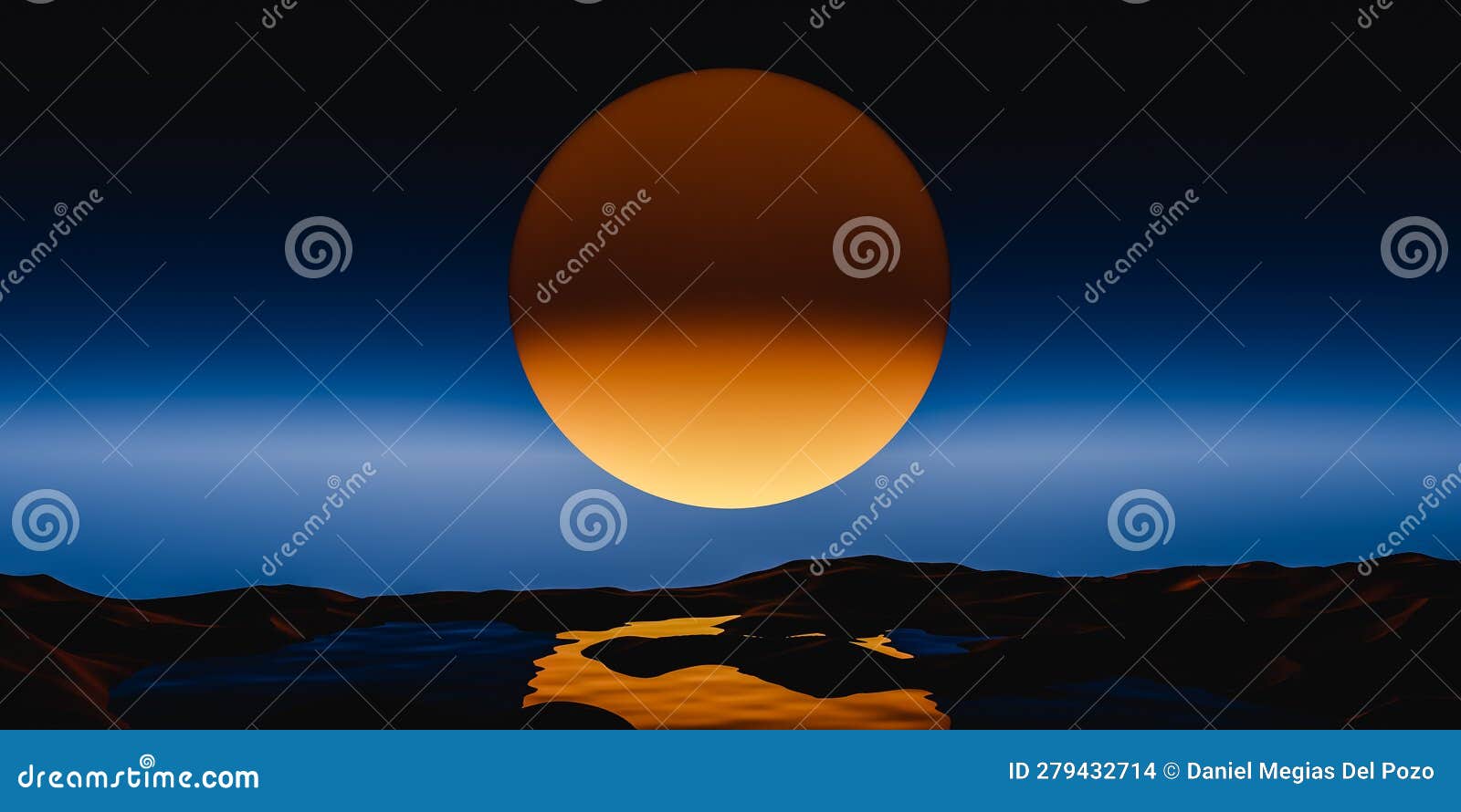 3D Render of Round Lunar Eclipse Rising Over Horizon Stock Illustration ...