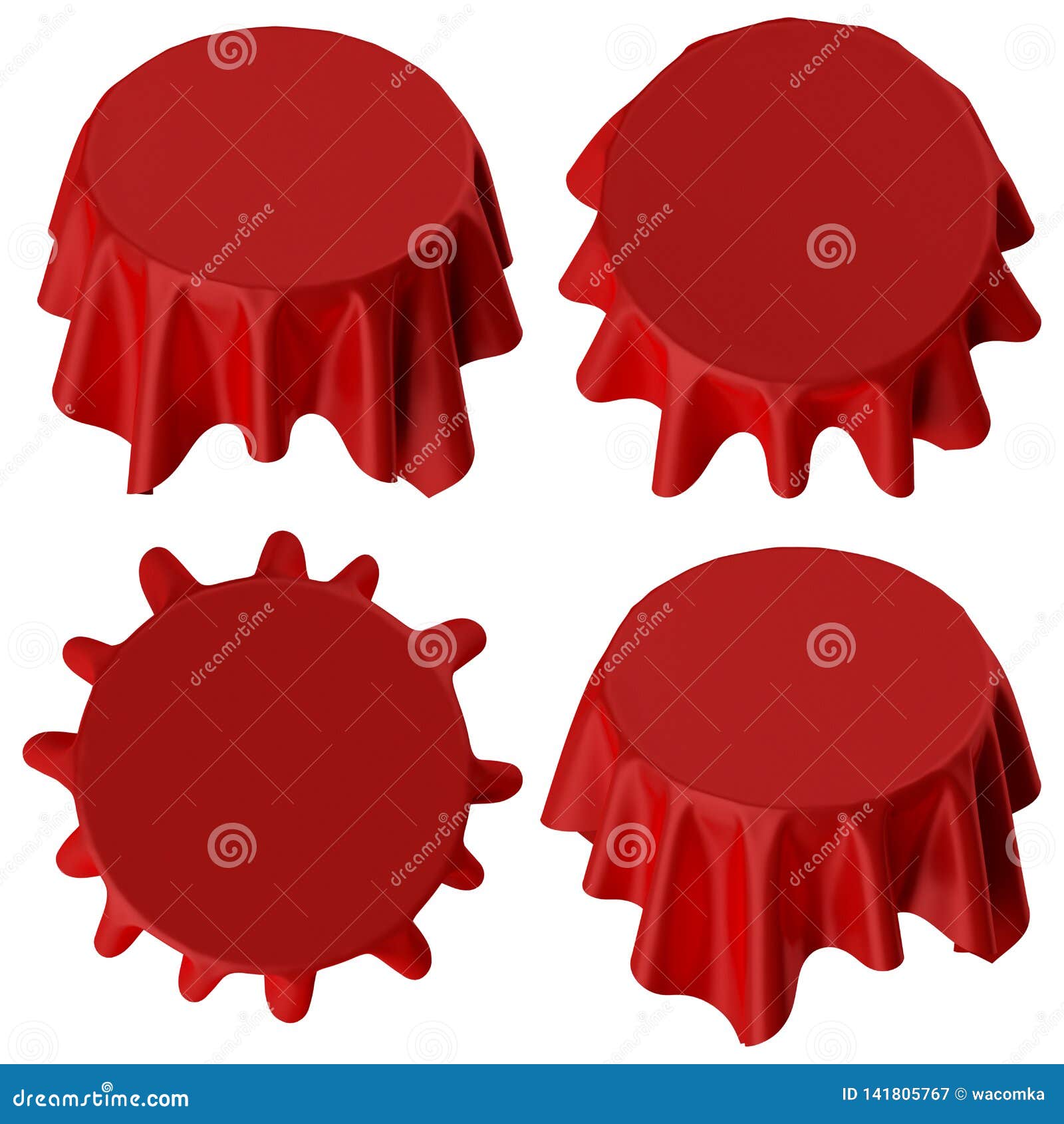 3d Render, Round Table Covered with Red Tablecloth, Different ...