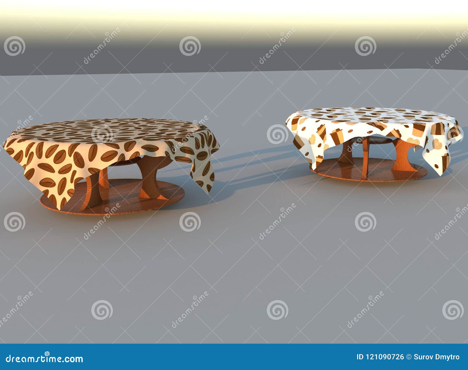 3d Render of Round Wooden Coffee Table with Pattern Tablecloths Stock ...