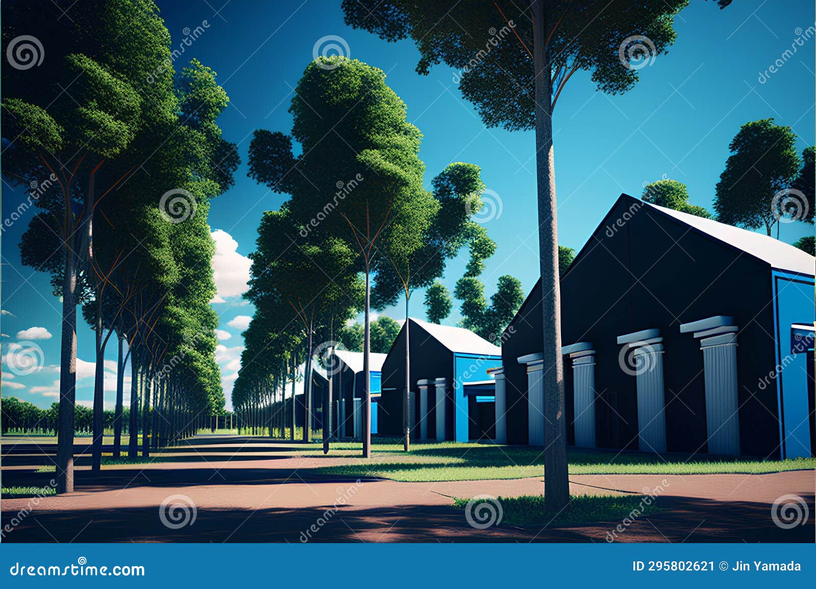 3D Render of a Row of Buildings with Trees in the Background Stock ...