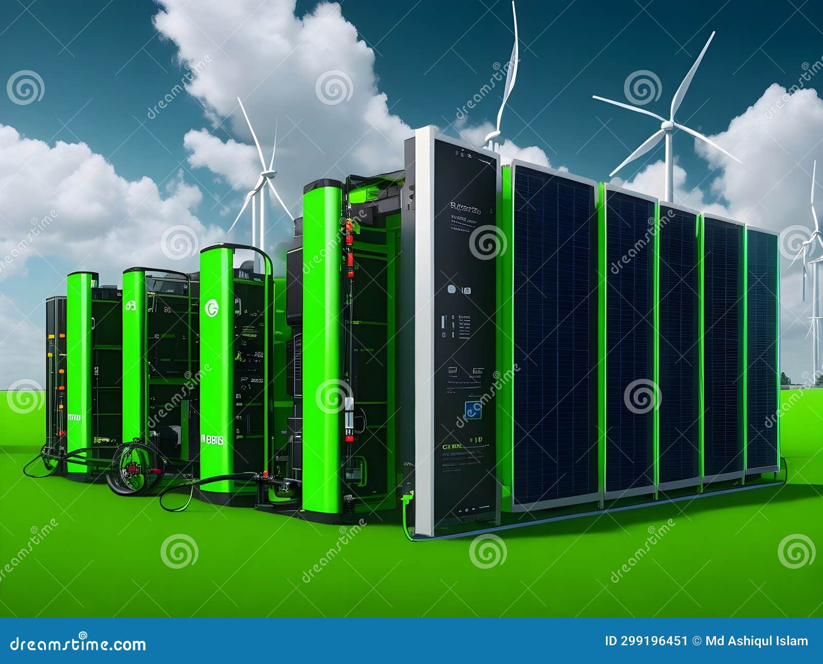 3D Render of a Row of Green Servers with Wind Turbines in the ...