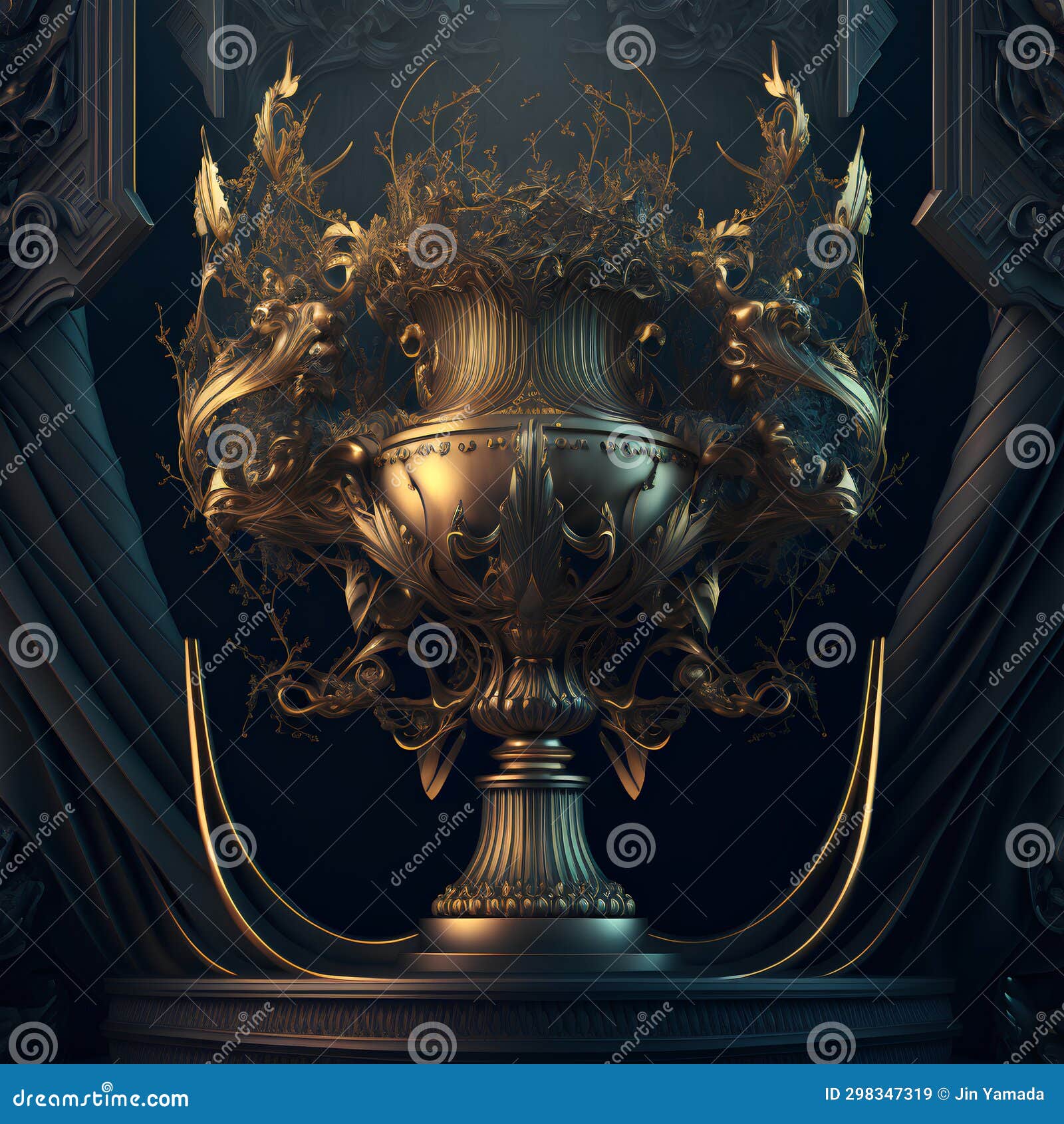 3D Render of a Royal Throne with Golden Ornament on Blue Background ...