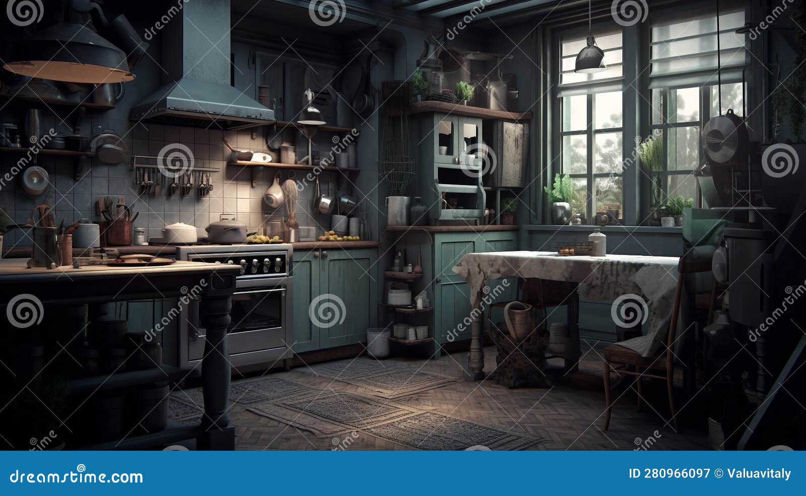 3d Render of a Rustic Kitchen in an Old Farmhouse. Kitchen Interior in ...
