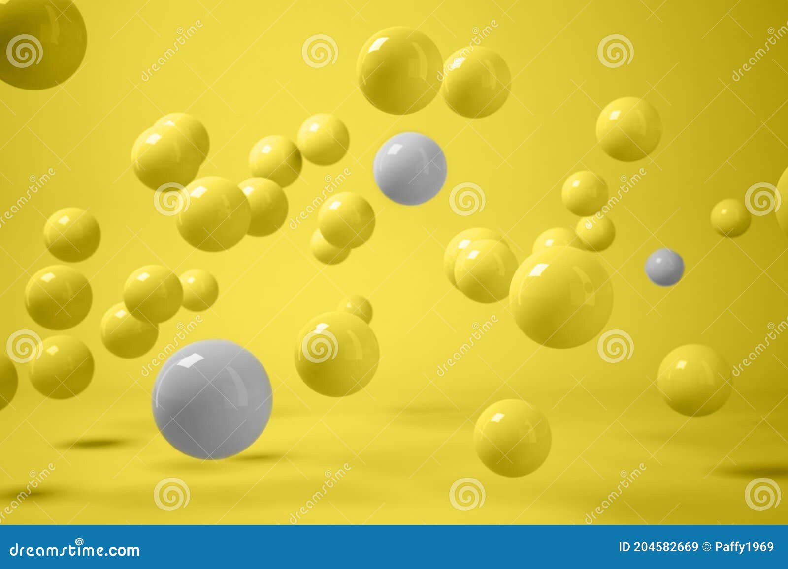 3D Render of Scattered Yellow and Grey Balls Levitating on Yellow ...