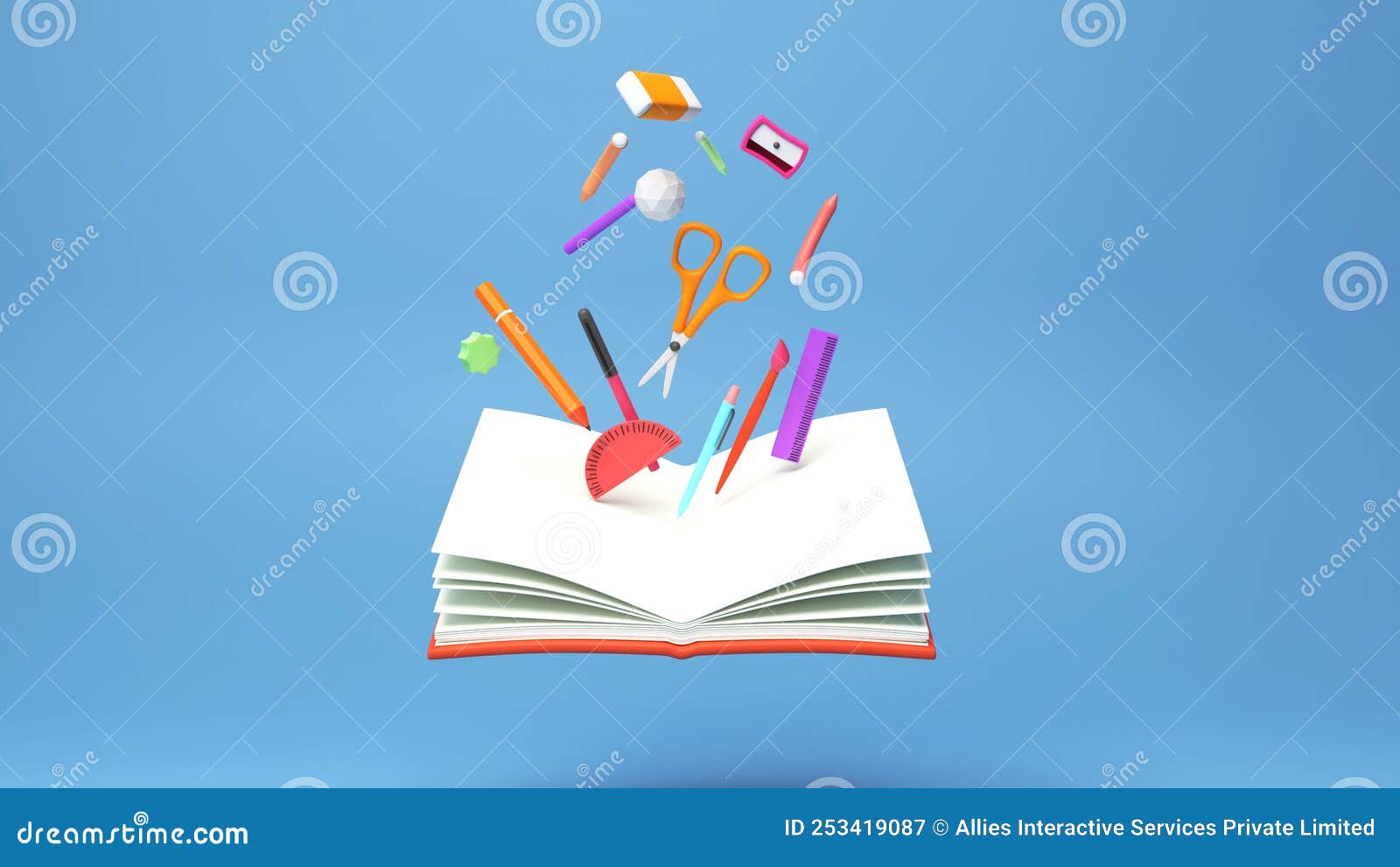 3D Render of School Supplies, with an Open Book and School Stock ...
