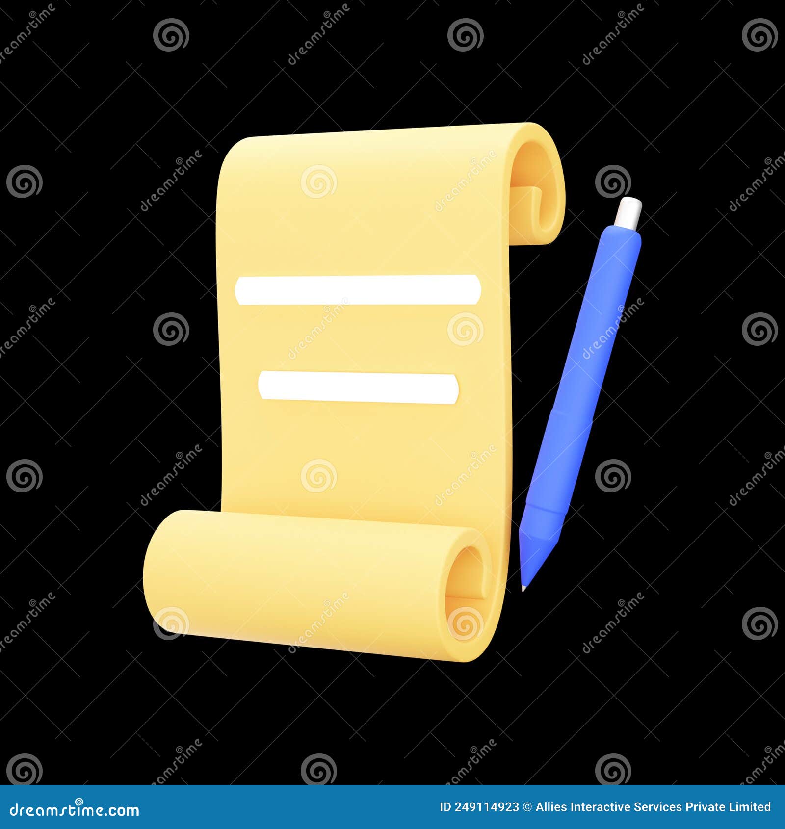 3D Render of Scroll Paper with Pen Yellow and Blue Element Against ...