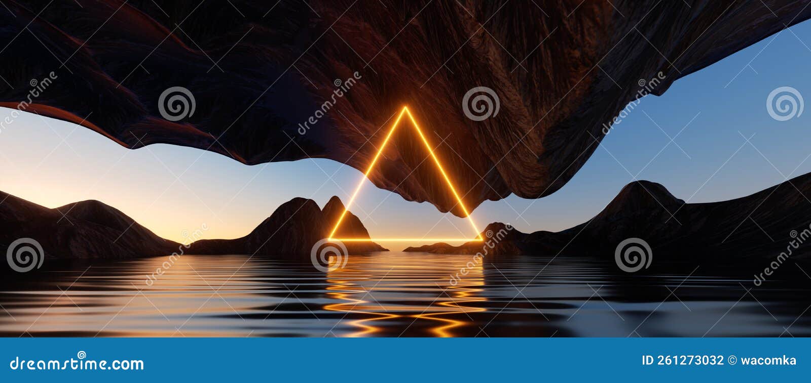 3d Render, Seascape with Cliffs, Water Reflections and Yellow Neon ...
