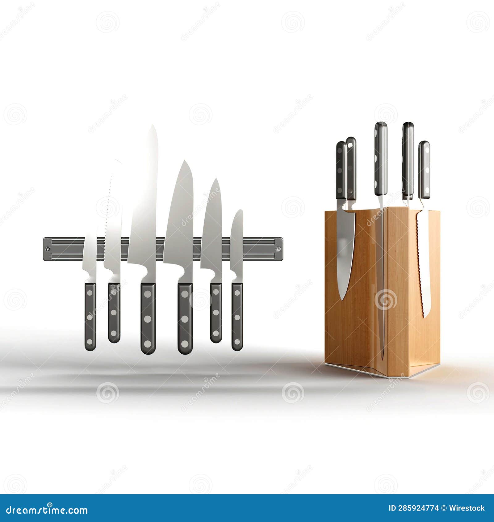 3D Render of a Selection of Kitchen Knives and Knife Blocks on a White ...