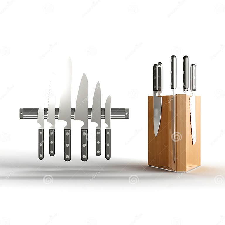 3D Render of a Selection of Kitchen Knives and Knife Blocks on a White ...