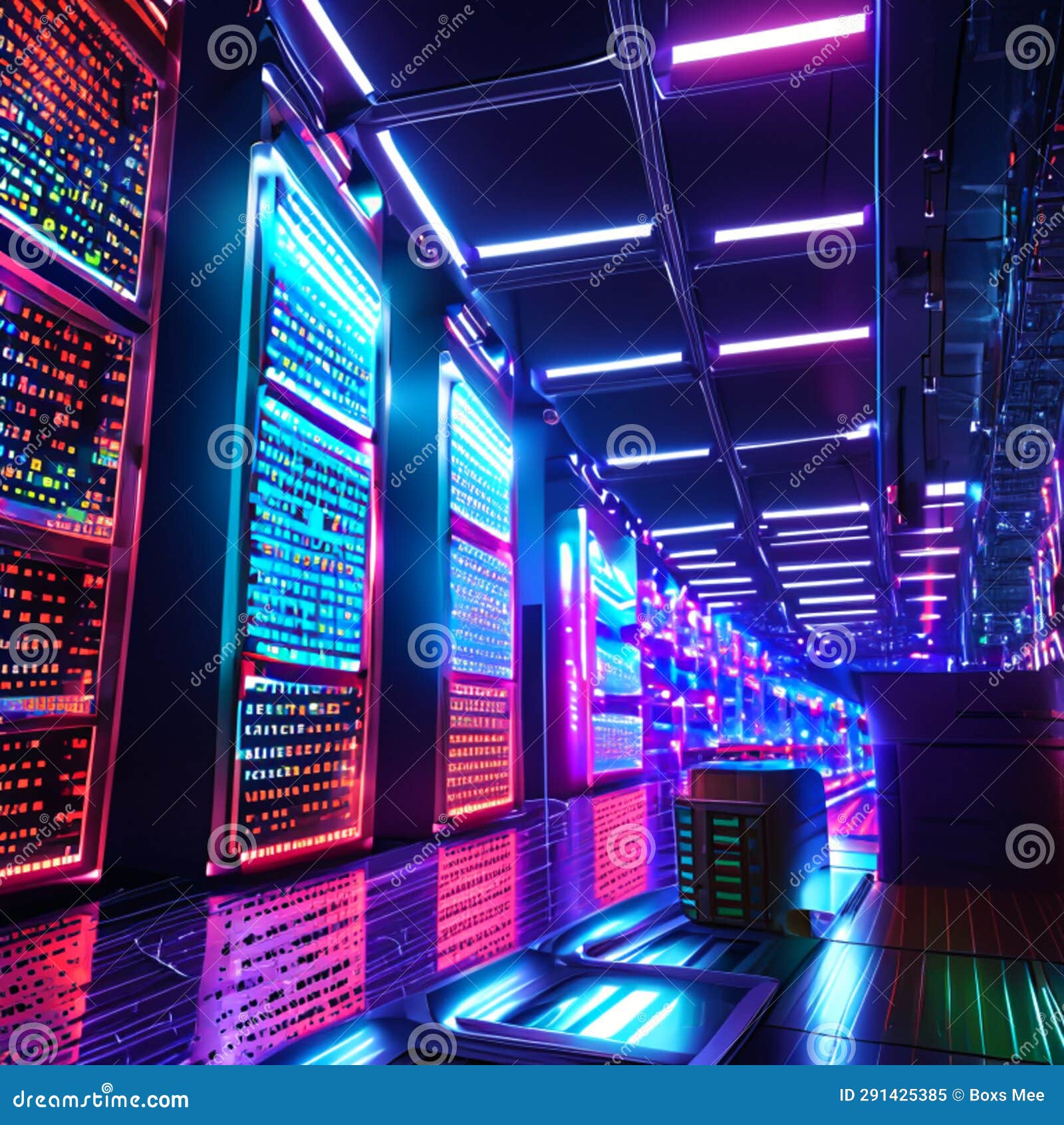 3d Render of a Server Room with Neon Lights. 3d Illustration Generative ...