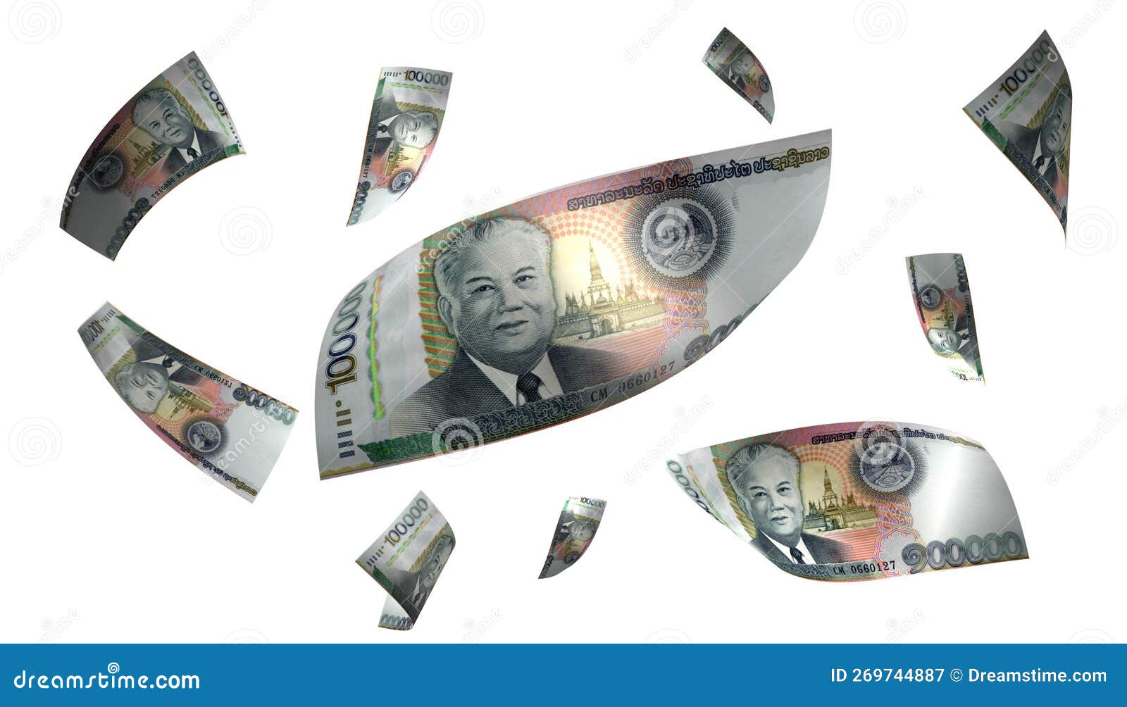 3D Render Set of Flying Laos 100000 Kip Money Banknote Stock ...