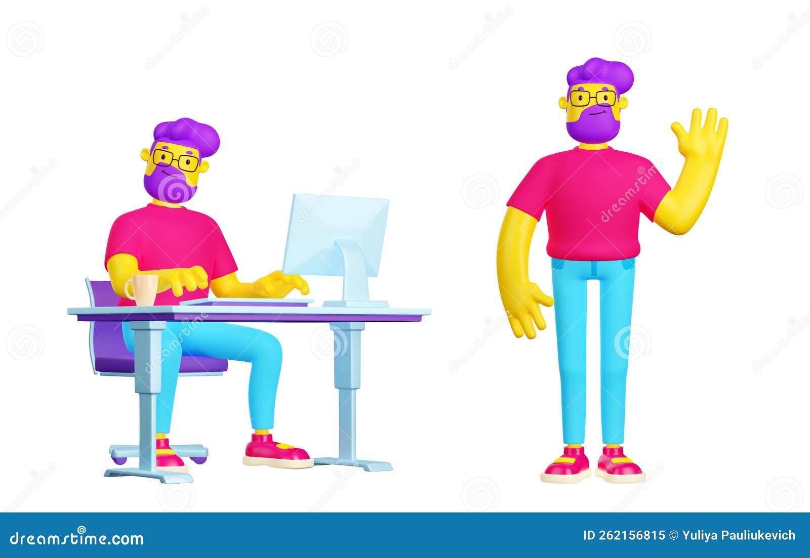 3D Render Set of Young Man Working, Waving Hand Stock Illustration ...