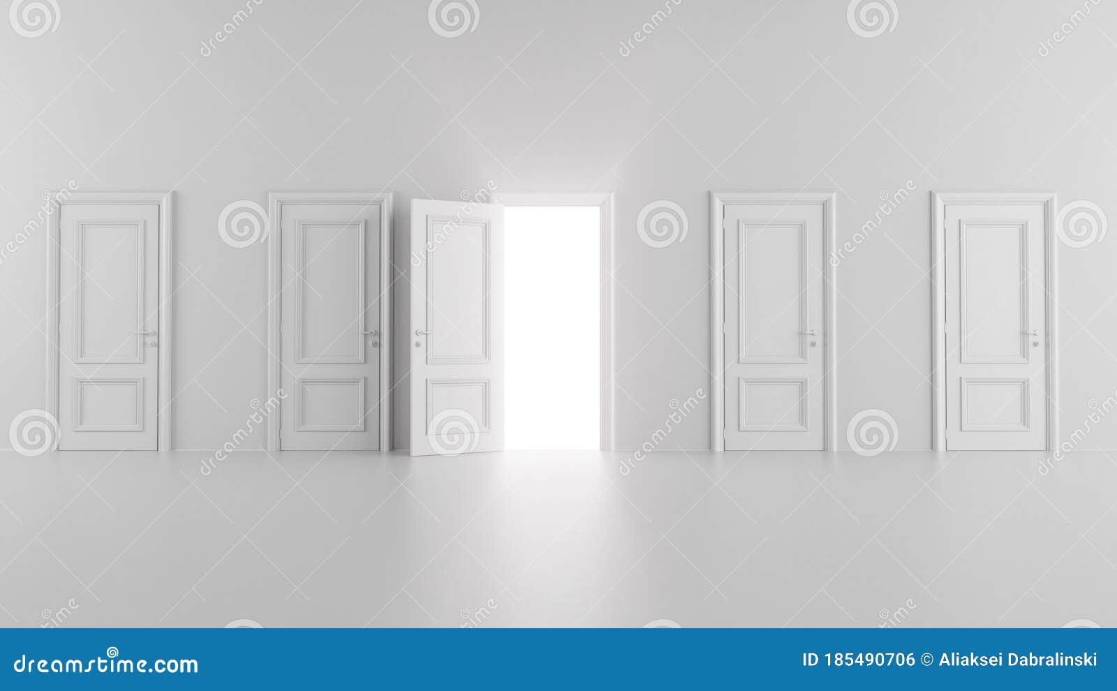 3d Render Shining Open Door among Several Doors in a Bright Room Stock ...