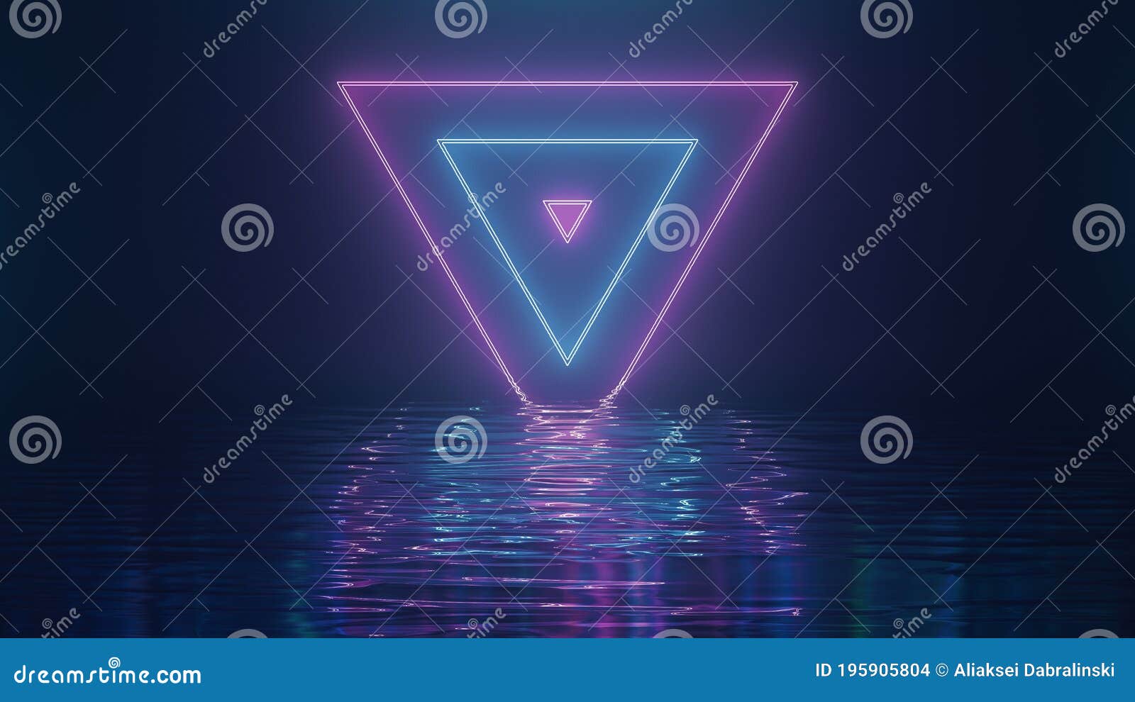 3d Render Shining Pink-blue Neon Triangles Over Water Stock ...