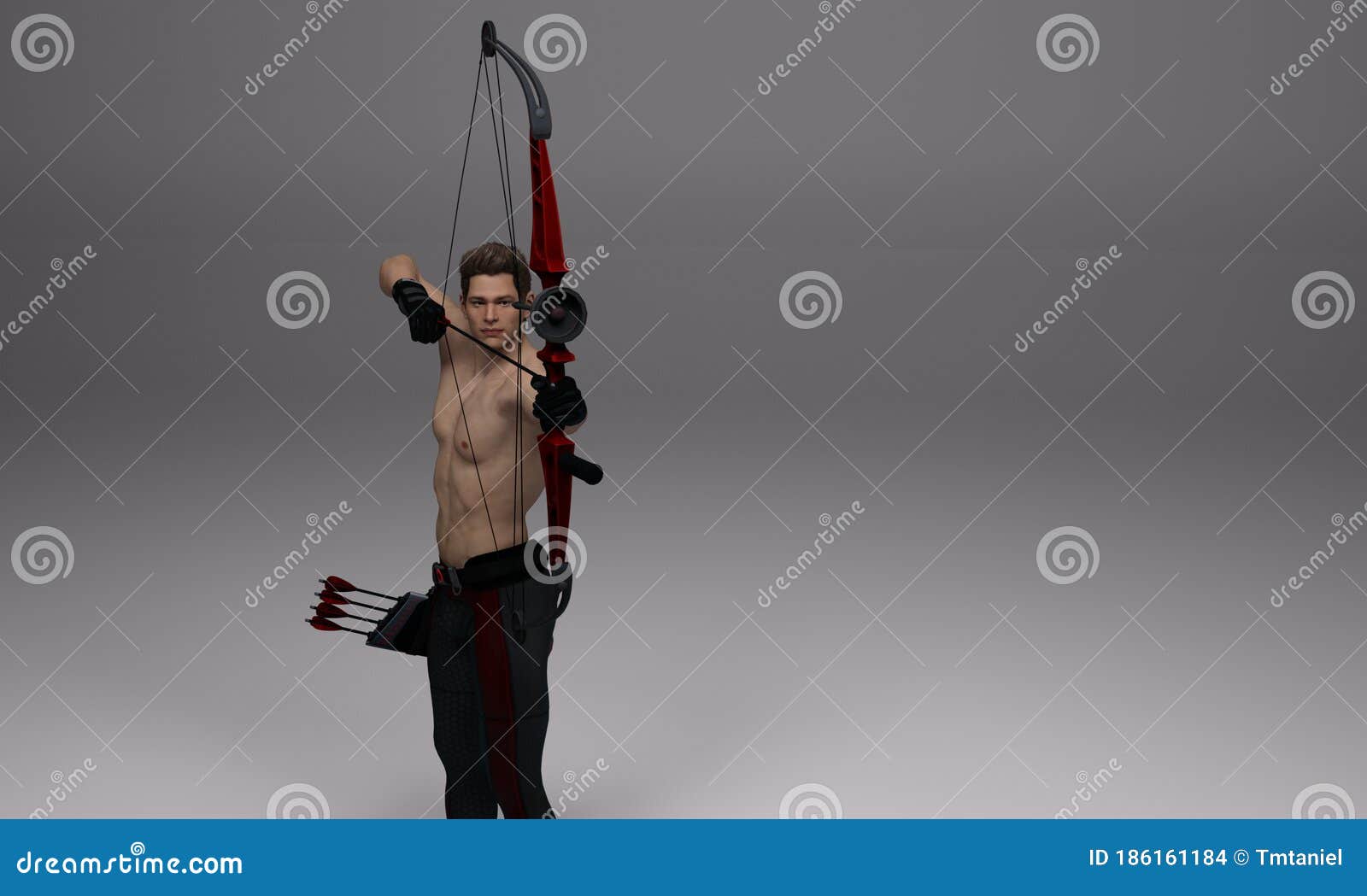 3D Render : A Shirtless Young Male Archer Pose Practicing Archery In ...