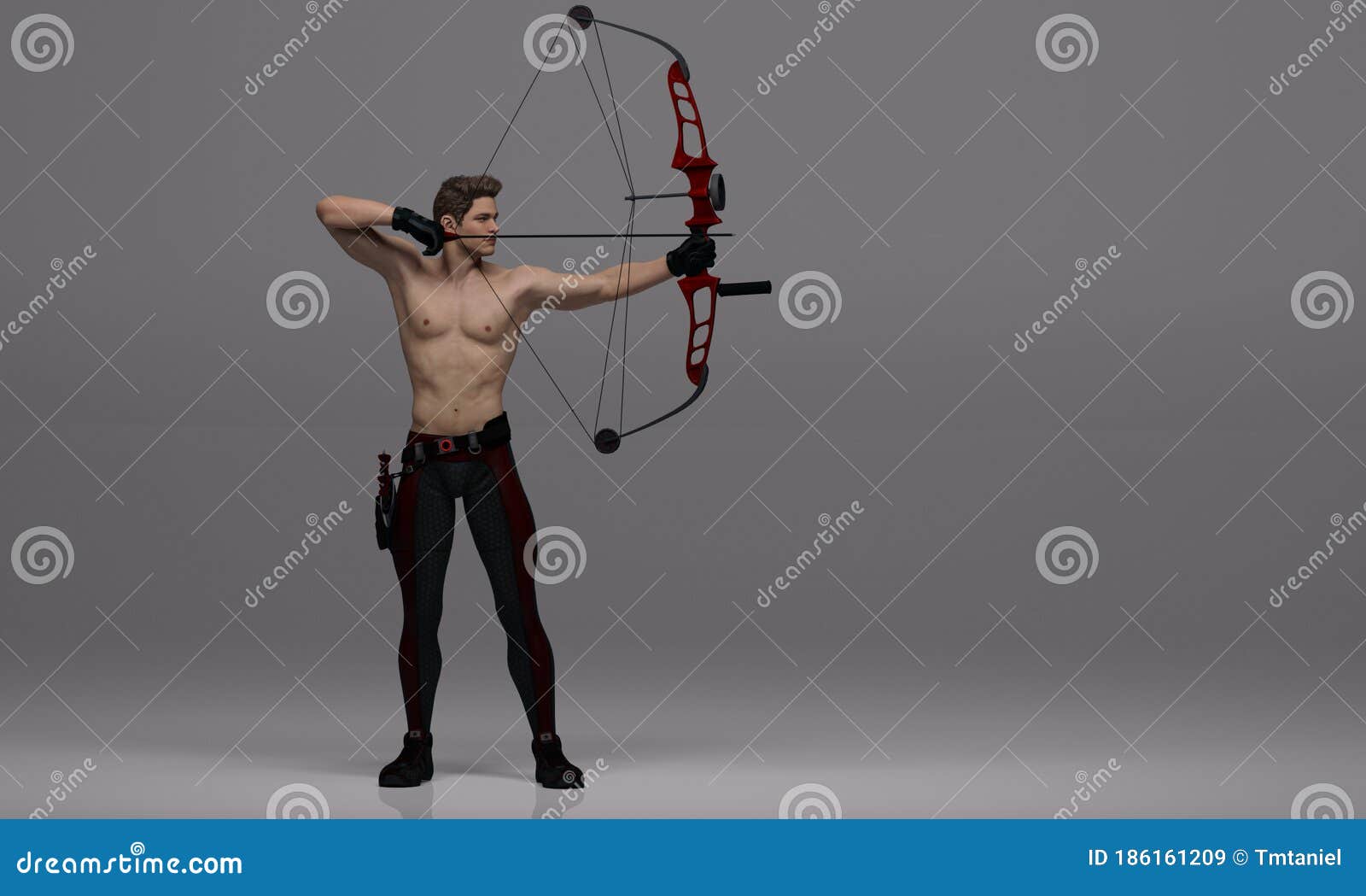 3D Render : A Shirtless Young Male Archer Pose Practicing Archery In ...