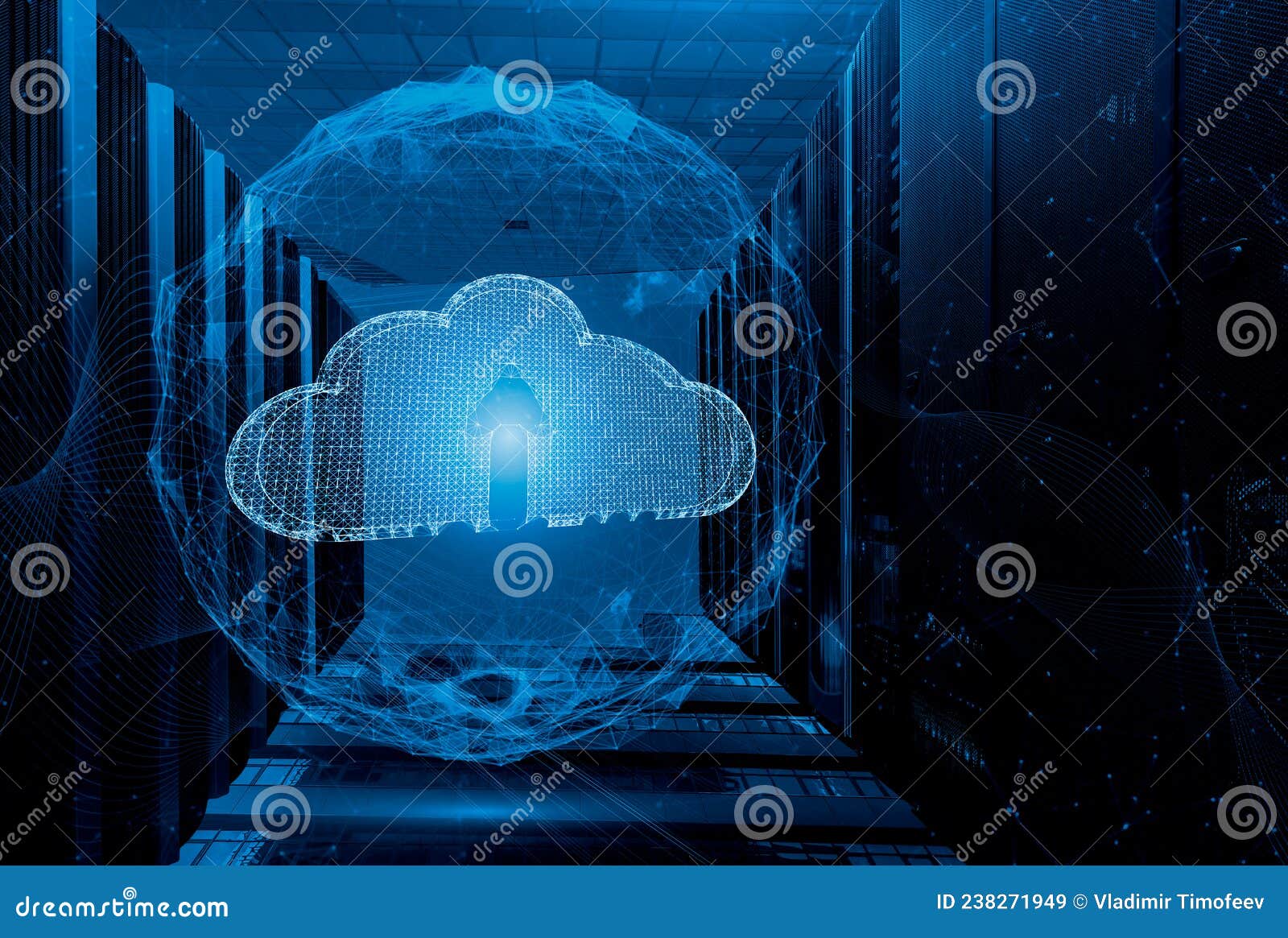 3D Render Shot of Corridor in Working Data Center Full of Rack Servers ...