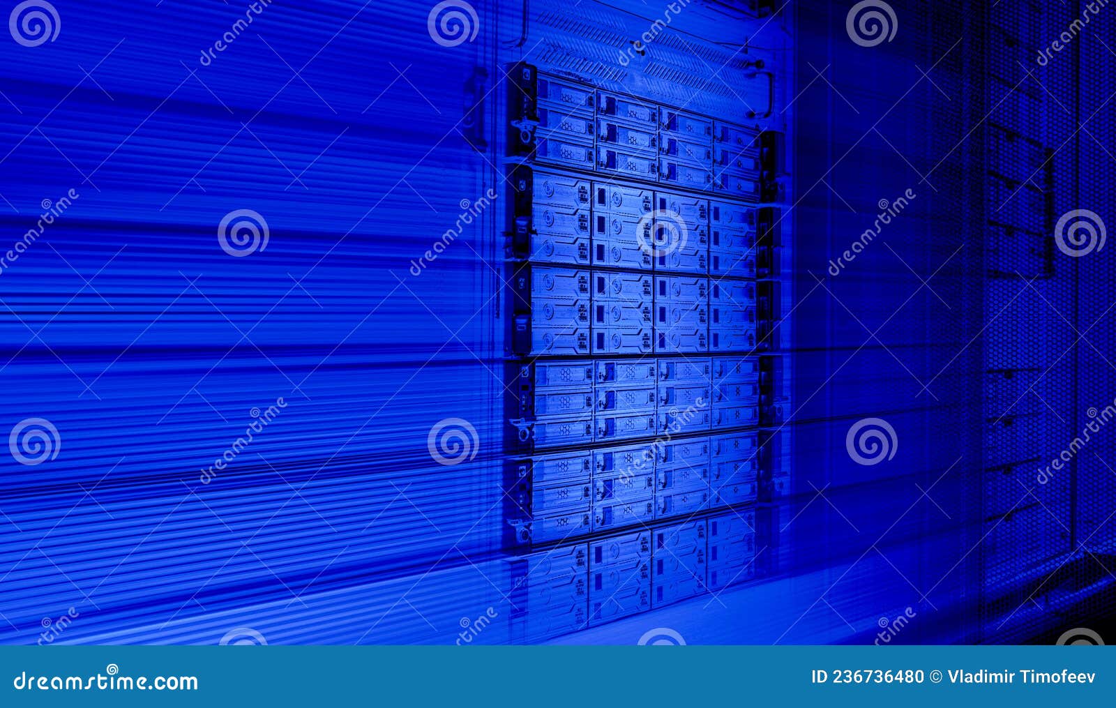 3D Render Shot of Dark Data Center with Multiple Rows of Fully ...