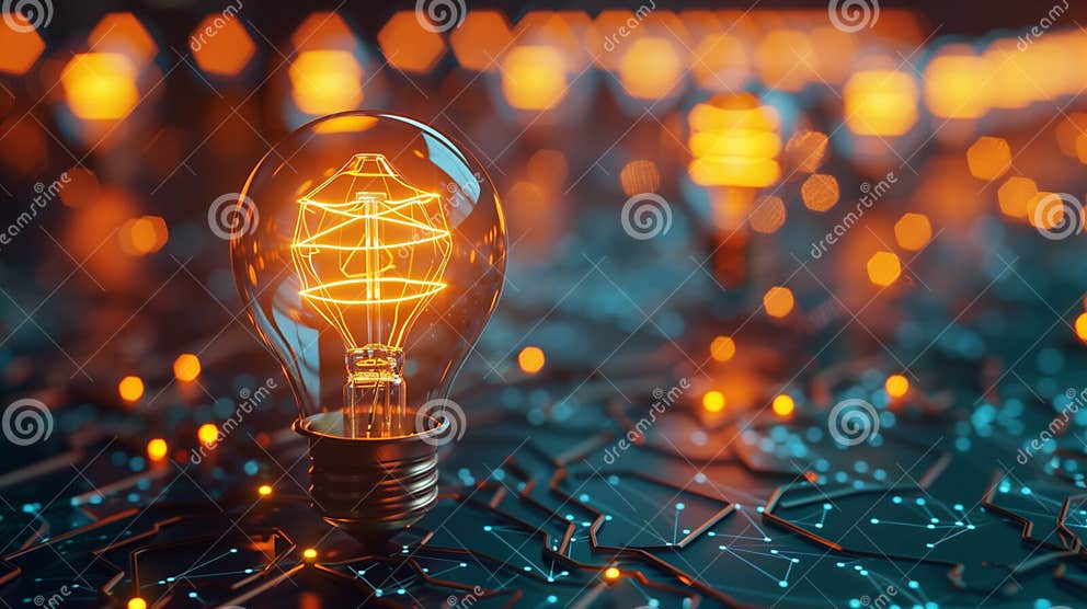 3D Render Showcasing the Concept of Digital Networks and Light Bulbs ...