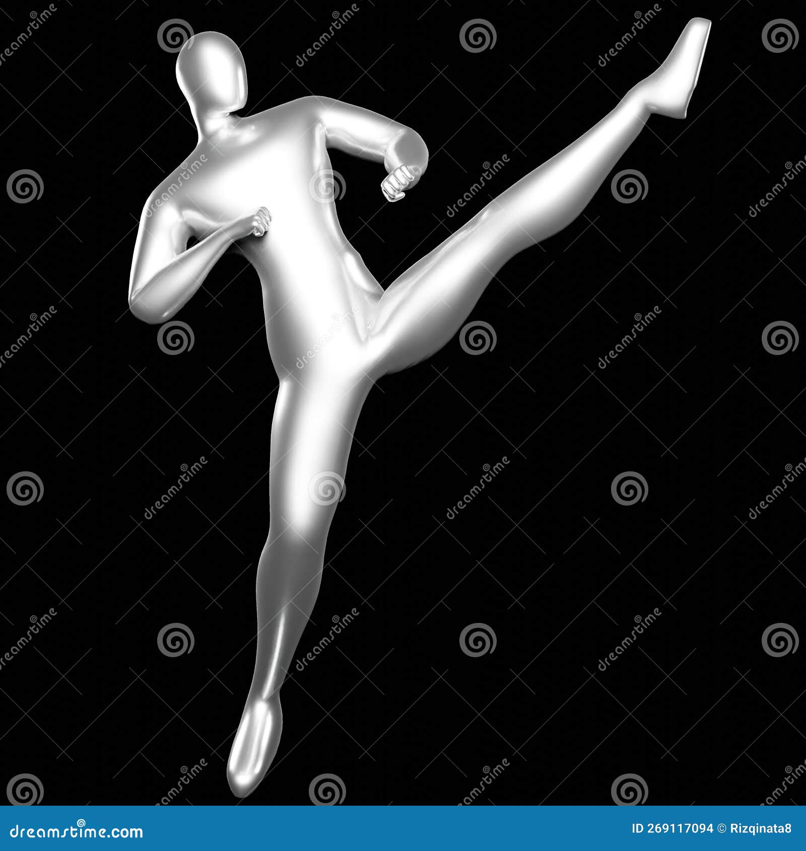 3d Render Silver Stickman - Karate Kicking Pose with Legs at Head ...