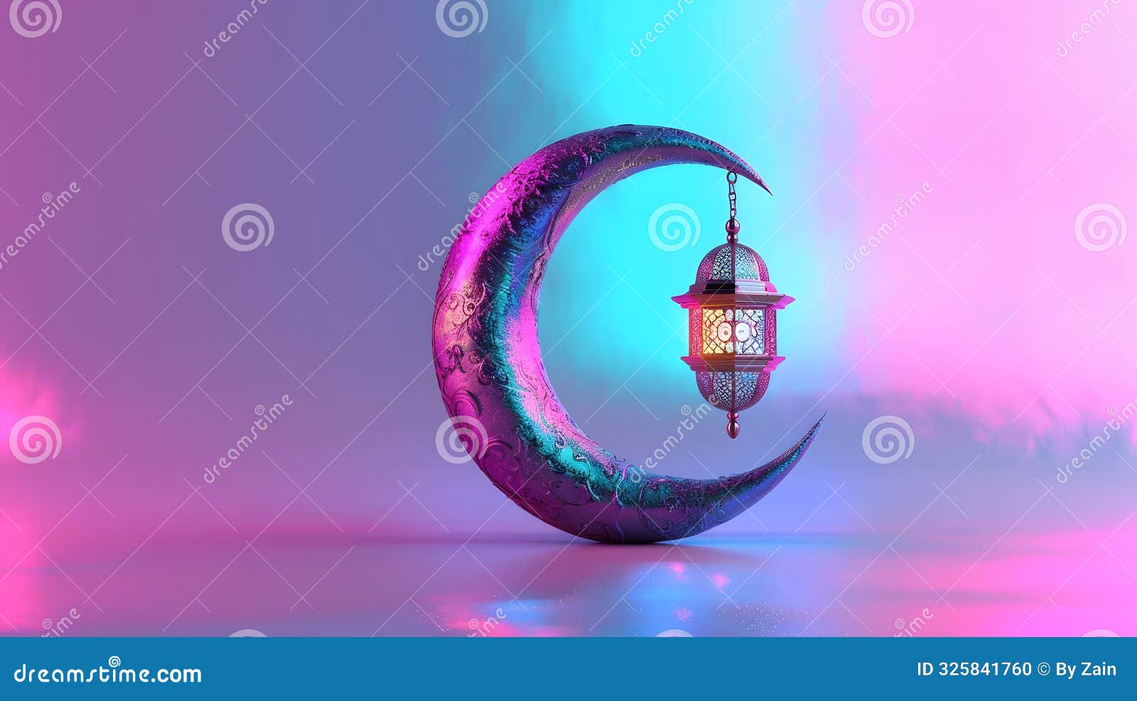 3d Render of Simple Islamic Crescent Moon with Lantern Hanging on it ...