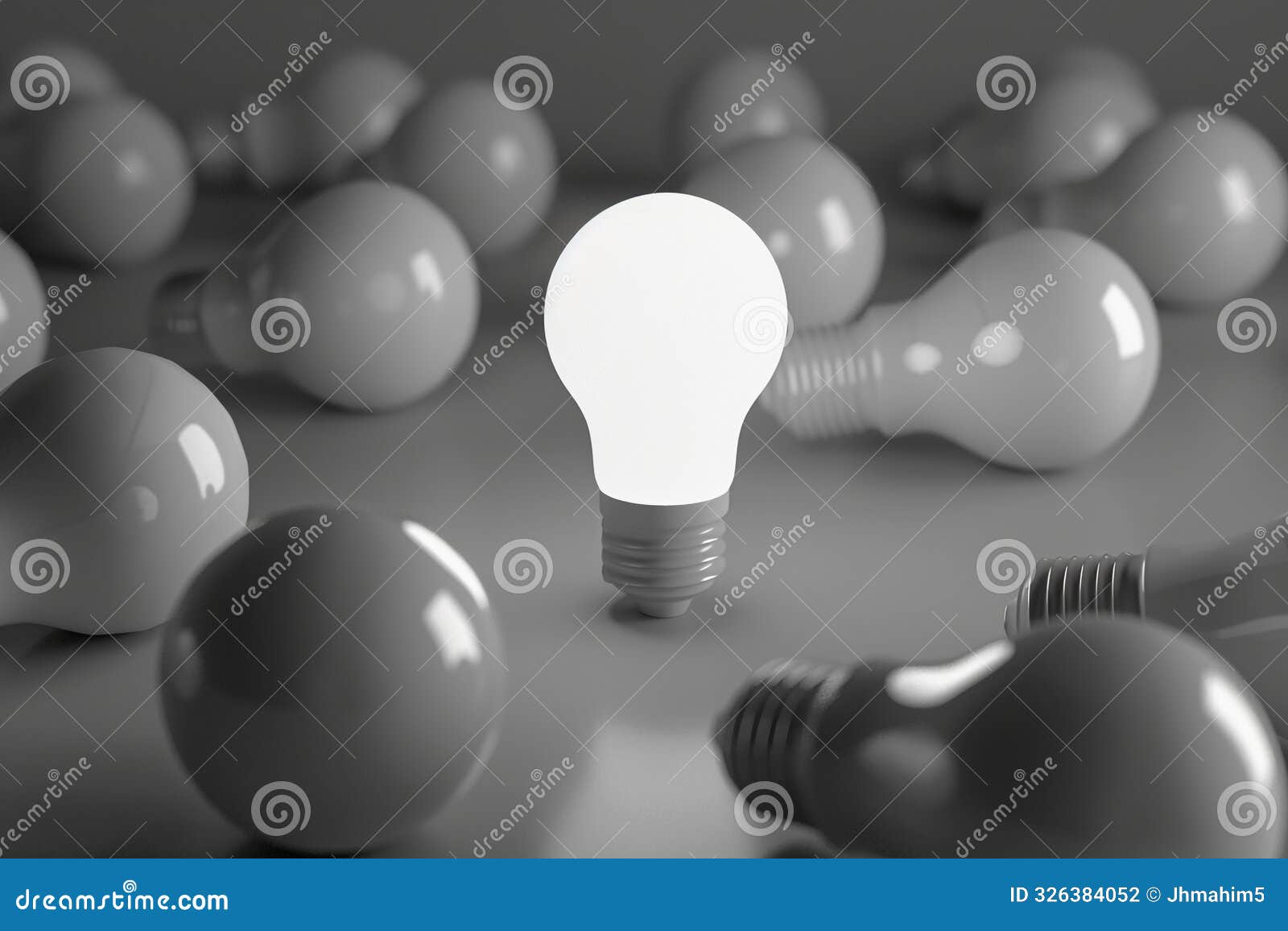 3D Render of a Single Bright Lightbulb among Dim Ones, Illustrating the ...