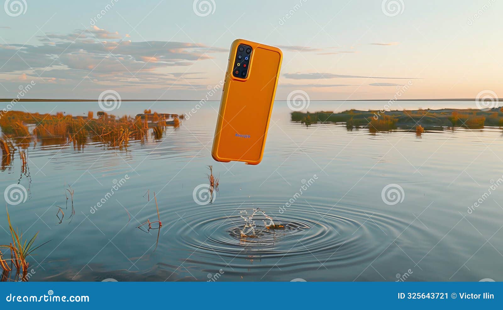 3d Render of Smartphone Floating Above a Shimmering Water Surface in an ...