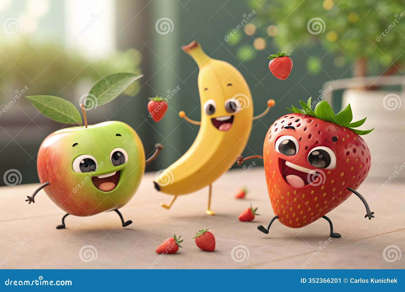 3d Render of Smiling Kawaii Cute Variant of Fruits Dancing Happily on ...