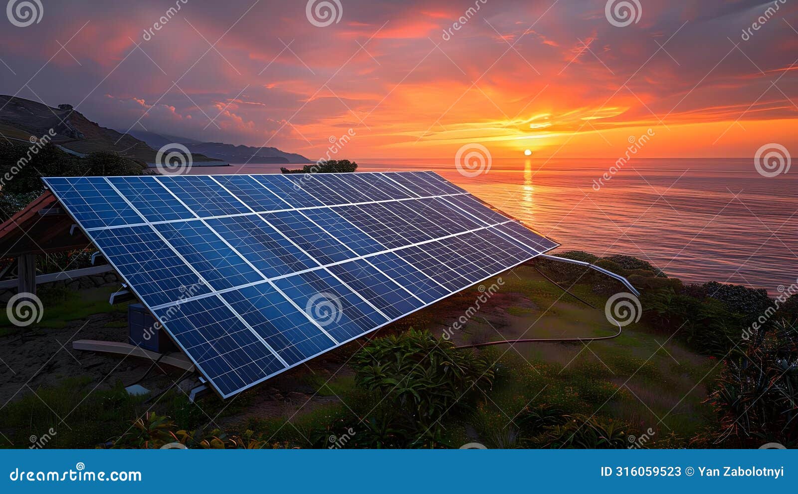 3D Render of Solar Panel Charging Battery at Sunset on Residential ...