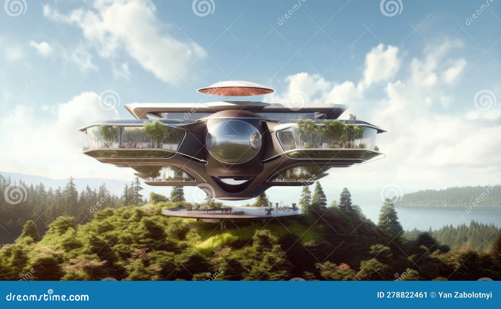3D Render Solarpowered Hover House with Sky Deck and Jetpack Access ...
