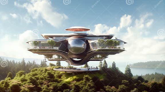 3D Render Solarpowered Hover House with Sky Deck and Jetpack Access ...
