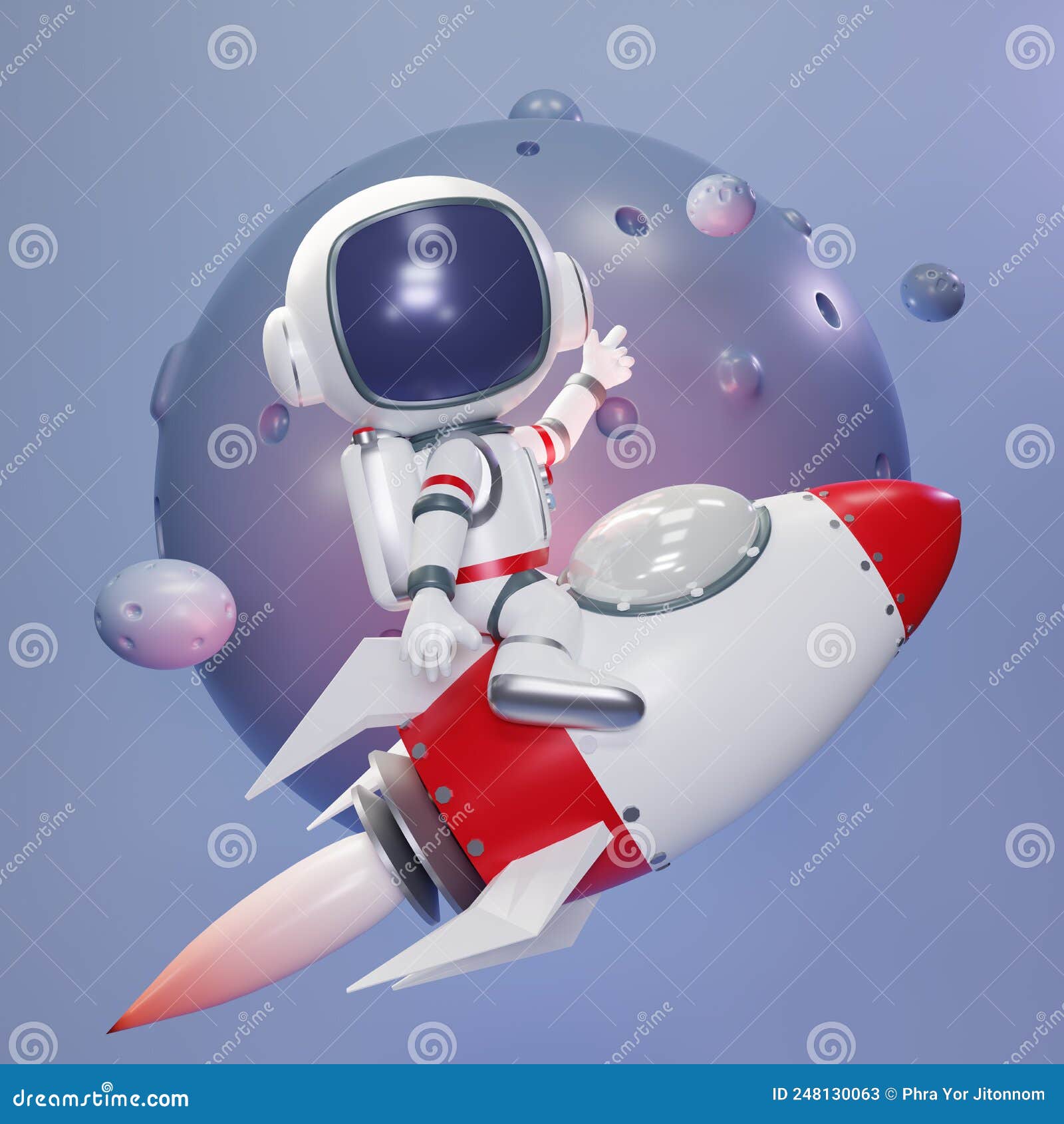 3D Render Spaceman Astronaut Standing on the Rocket, Cartoon Character ...