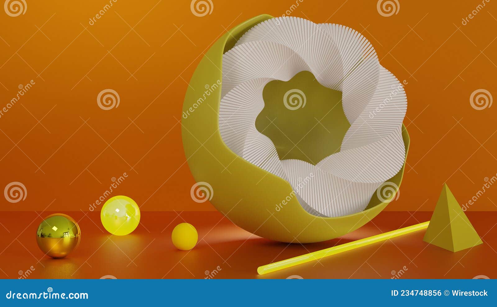 3D Render of a Spherical Geometric Shape, Pyramids, and Spheres on an ...