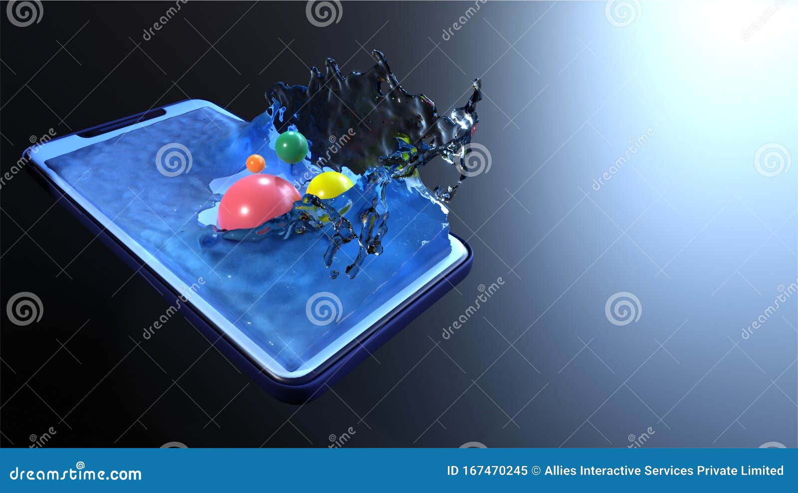 3D Render of Splashing Water with Colorful Pearls on Smartphone Screen ...