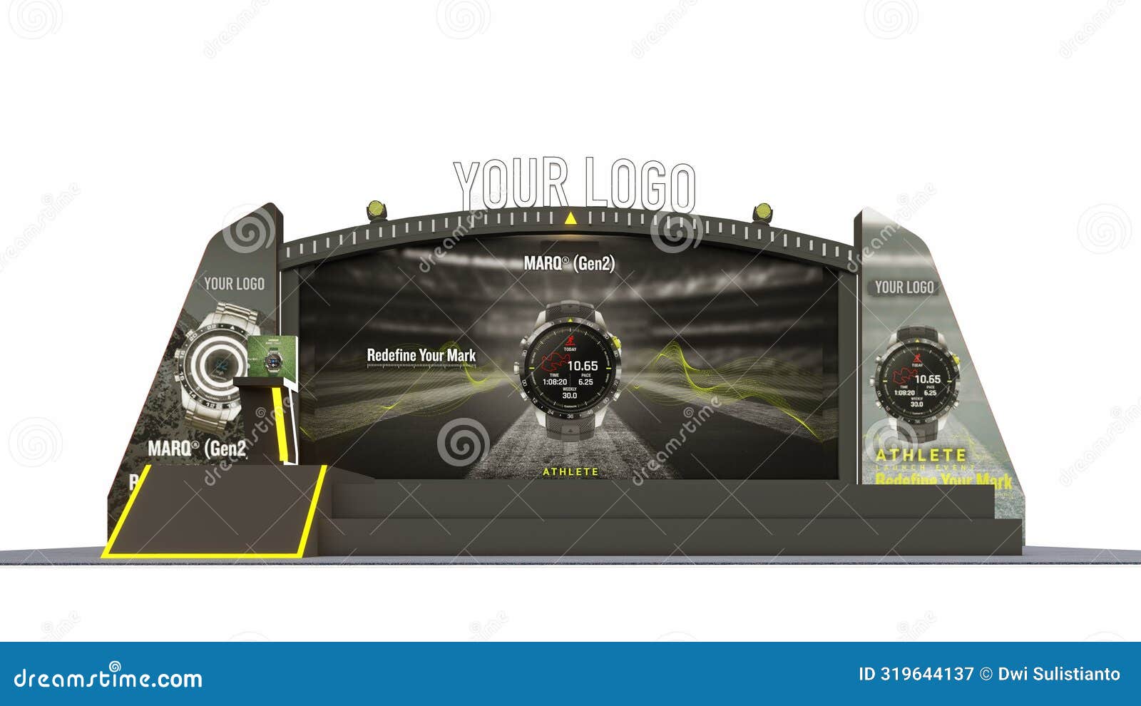 3D Render Stage with a Watch Theme, Front View Stock Illustration ...