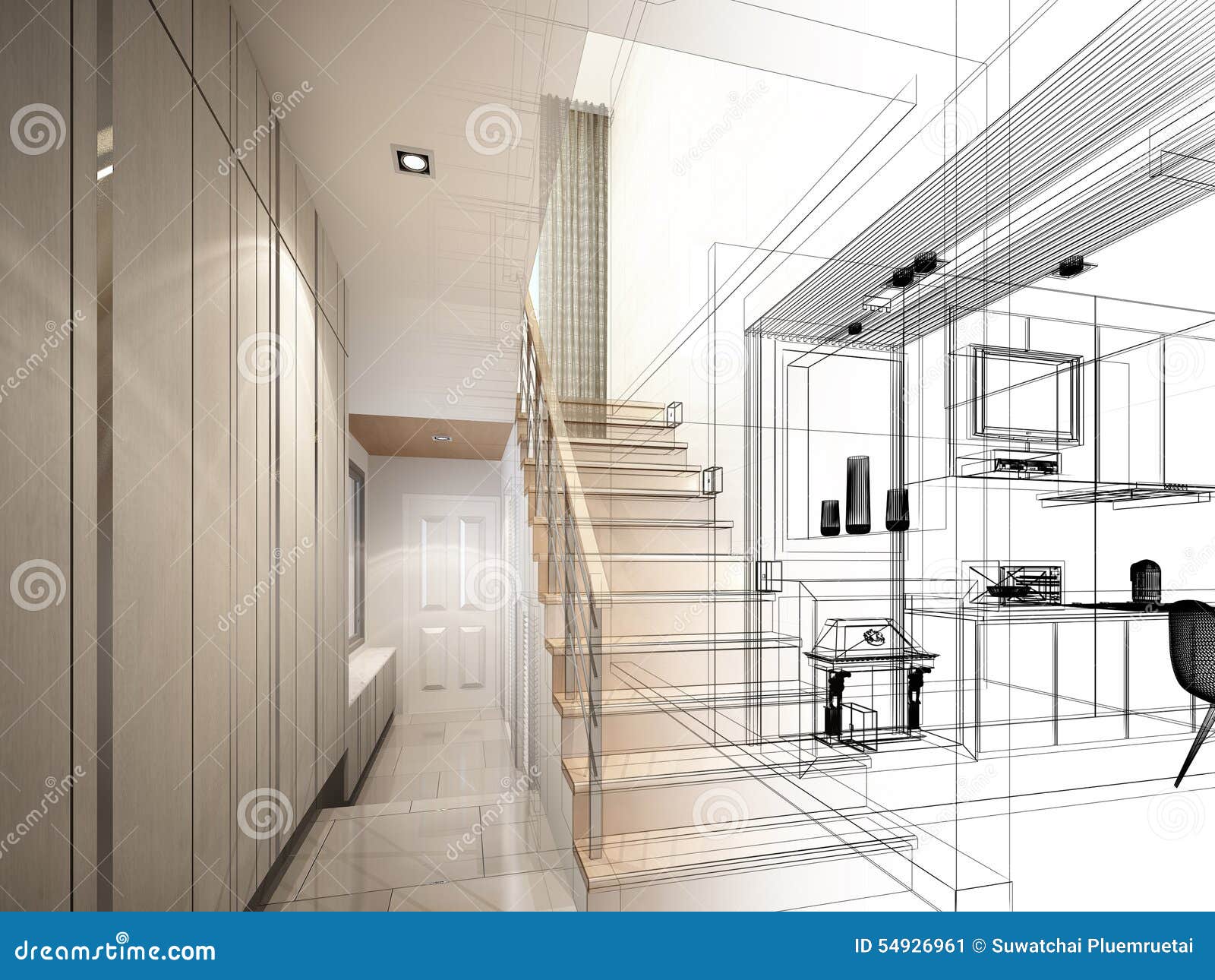 3D Render Of A Stair In Modern Interior With Wooden Floor And Grey ...