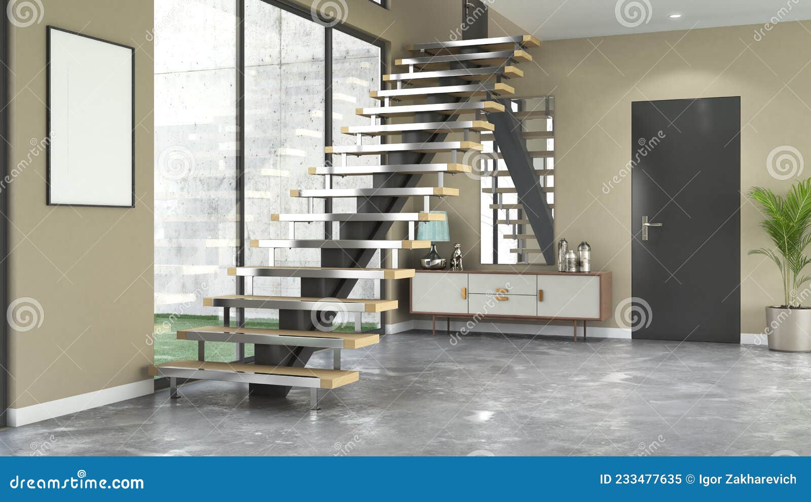 3D Render of a Stair in Interior with Concrete Floor and Light-brown ...