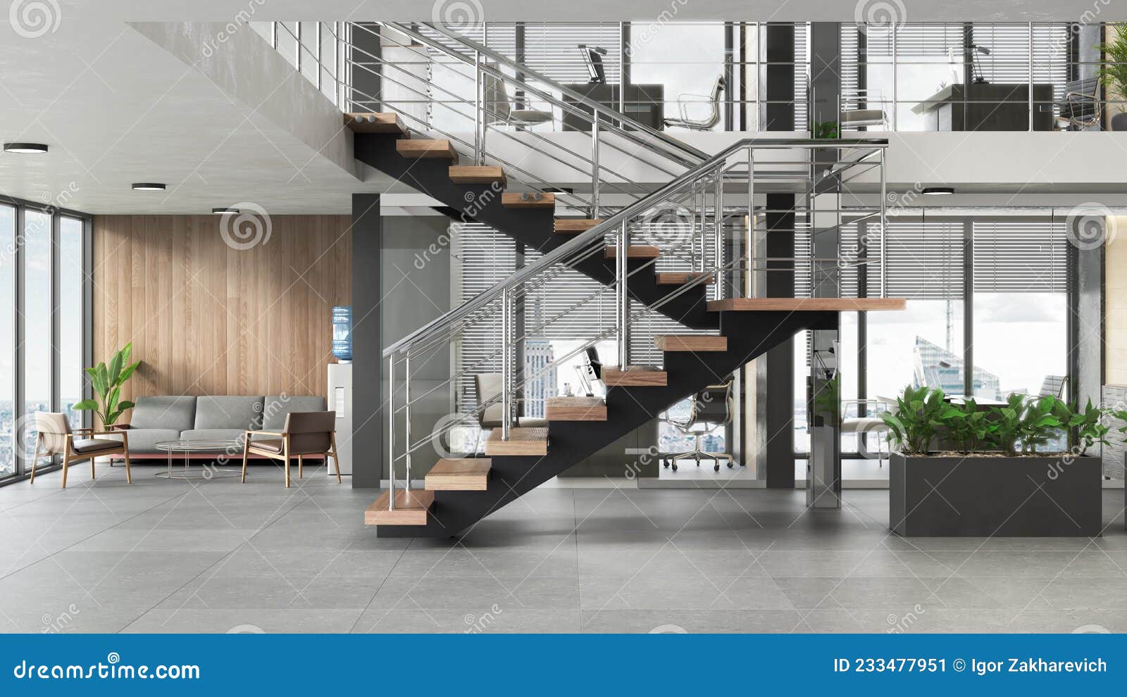 3D Render Of A Stair In Modern Interior With Wooden Floor And Grey ...