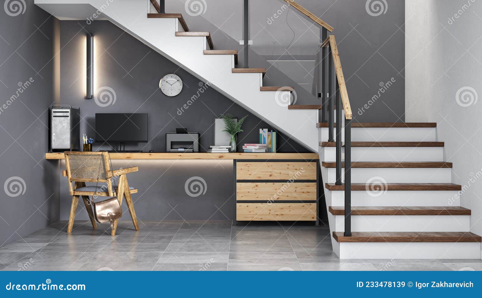 3D Render of a Stair in Modern Interior with Concrete Floor and Grey ...