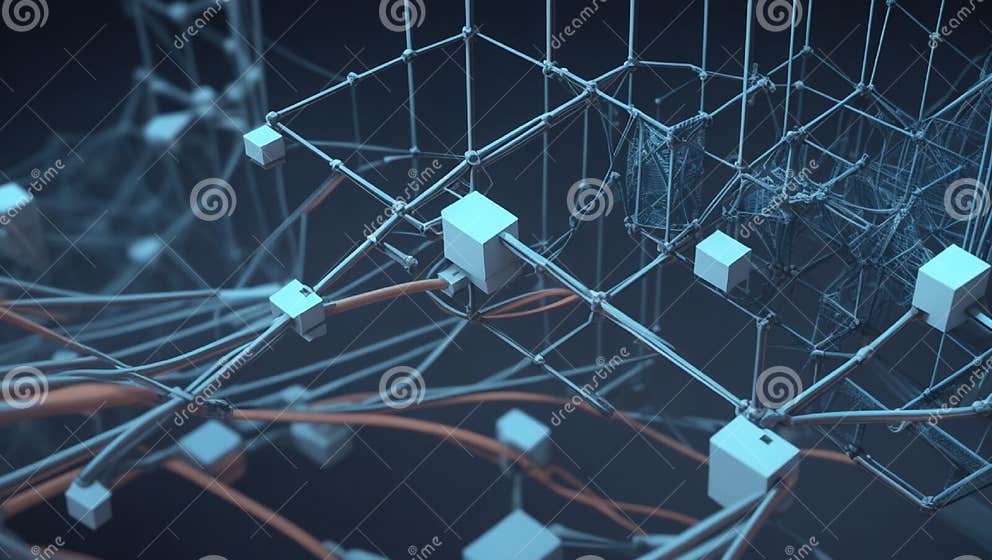 3D Render Structural Connection of Information. Data Transfer in Network Connection. Abstract ...