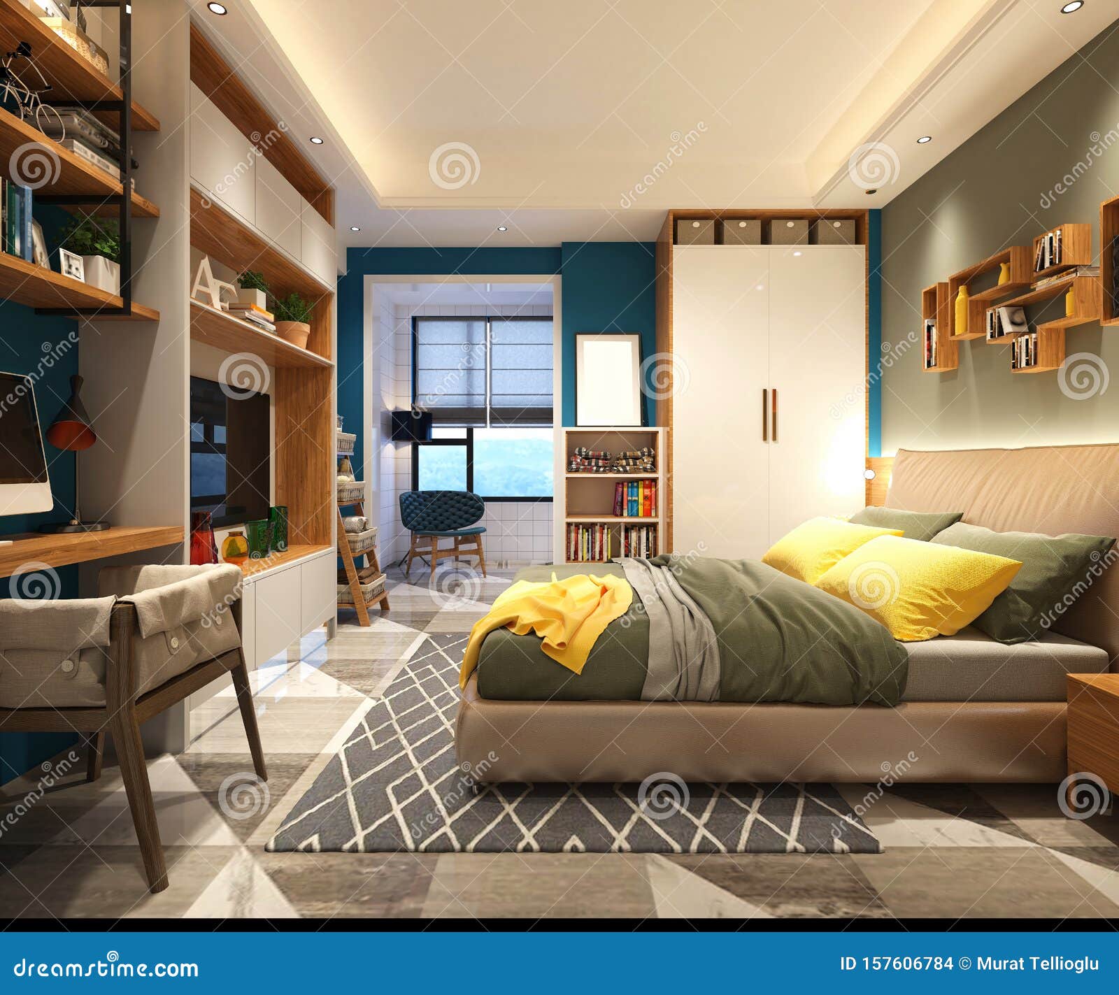 3d Render of Study and Bedroom Stock Illustration - Illustration of ...