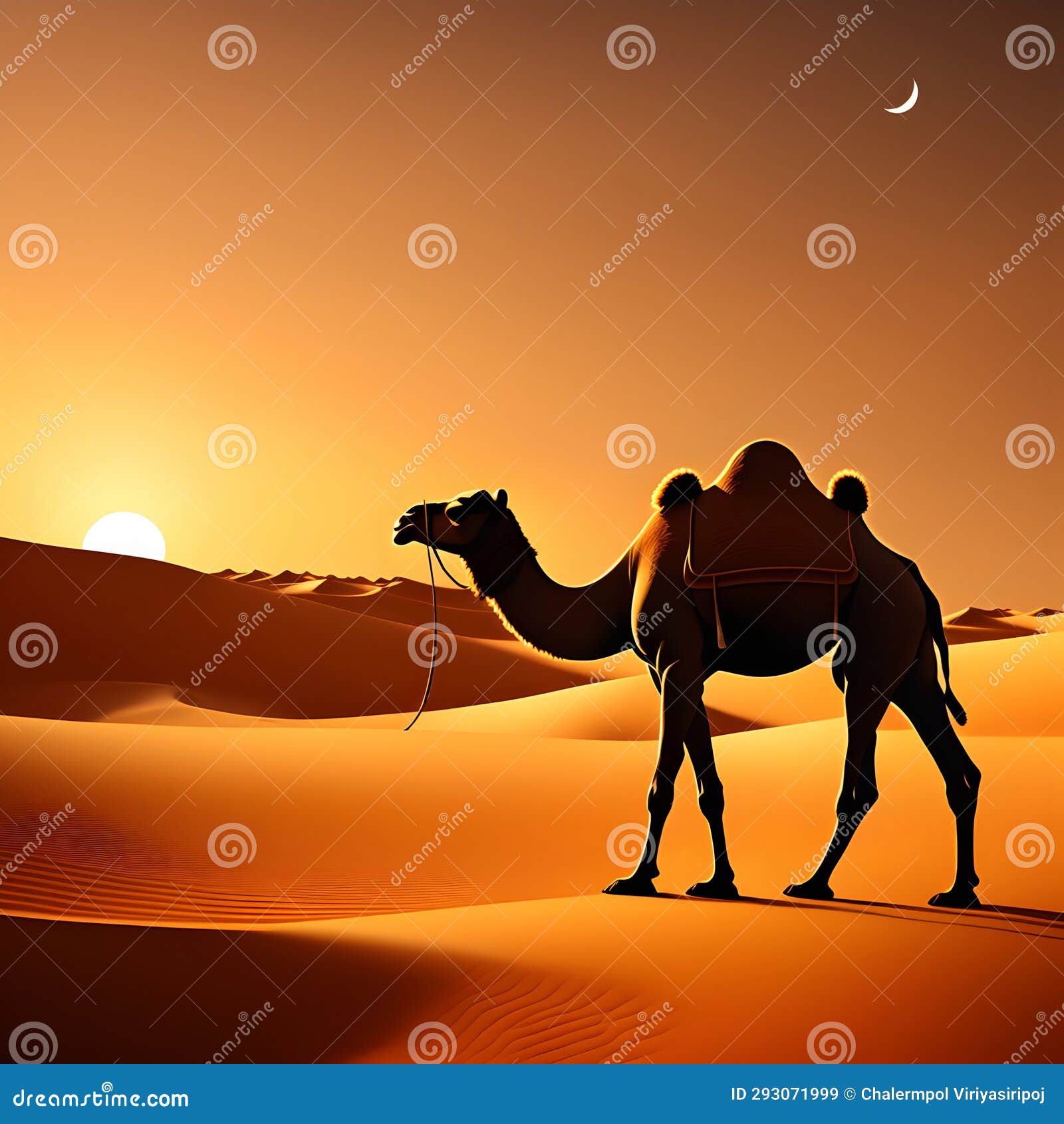 3d Render Style, a Camel Walks, Amidst the Evening Desert. Stock Illustration - Illustration of ...