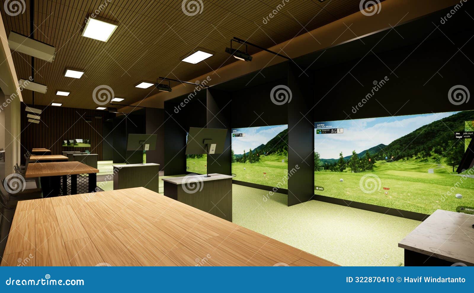 3D Render Of A Indoor Golf Simulator Equipped With A Hitting Station ...